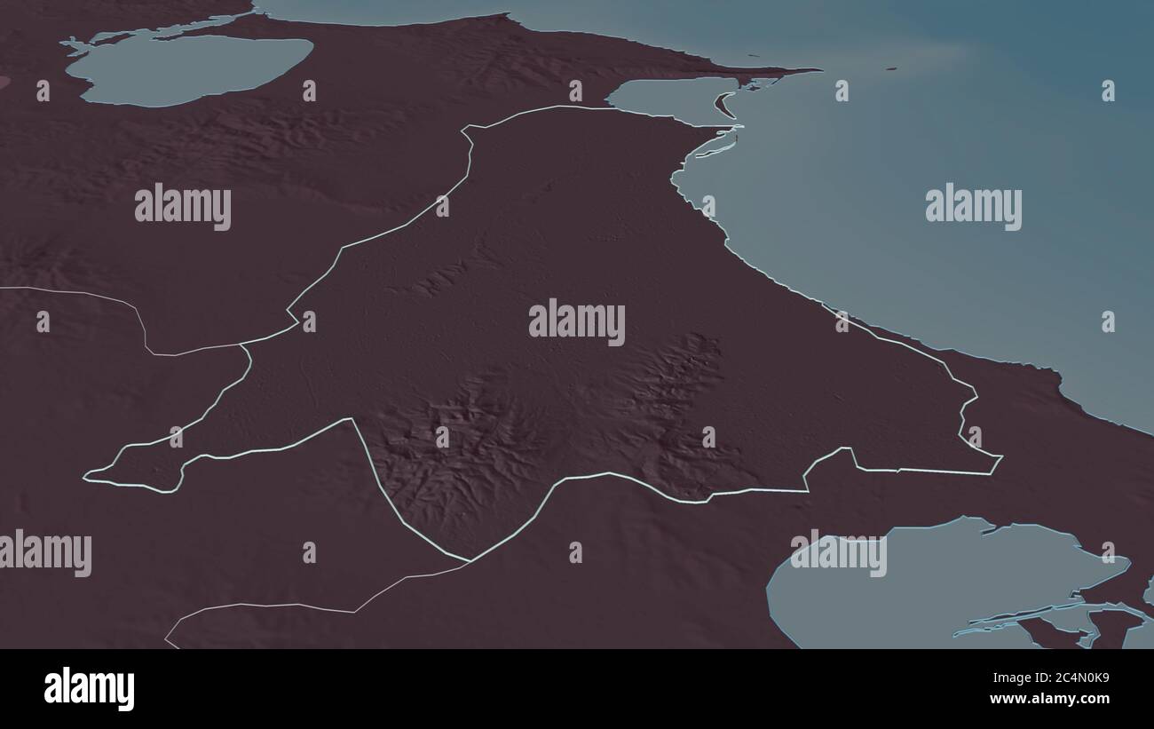 Zoom in on Ariana (governorate of Tunisia) outlined. Oblique ...