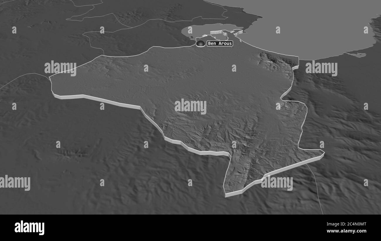 Zoom in on Ben Arous (governorate of Tunisia) extruded. Oblique ...