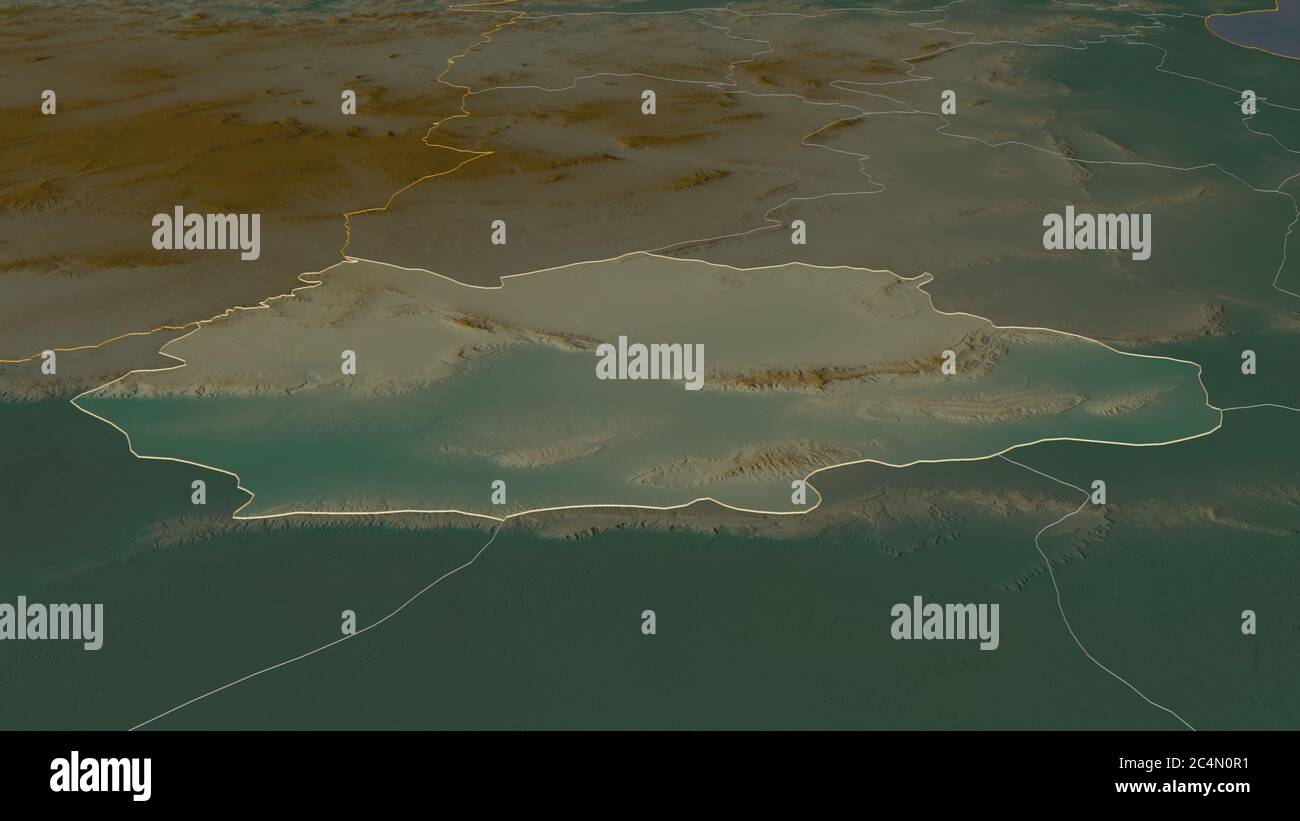 Zoom in on Gafsa (governorate of Tunisia) outlined. Oblique perspective ...