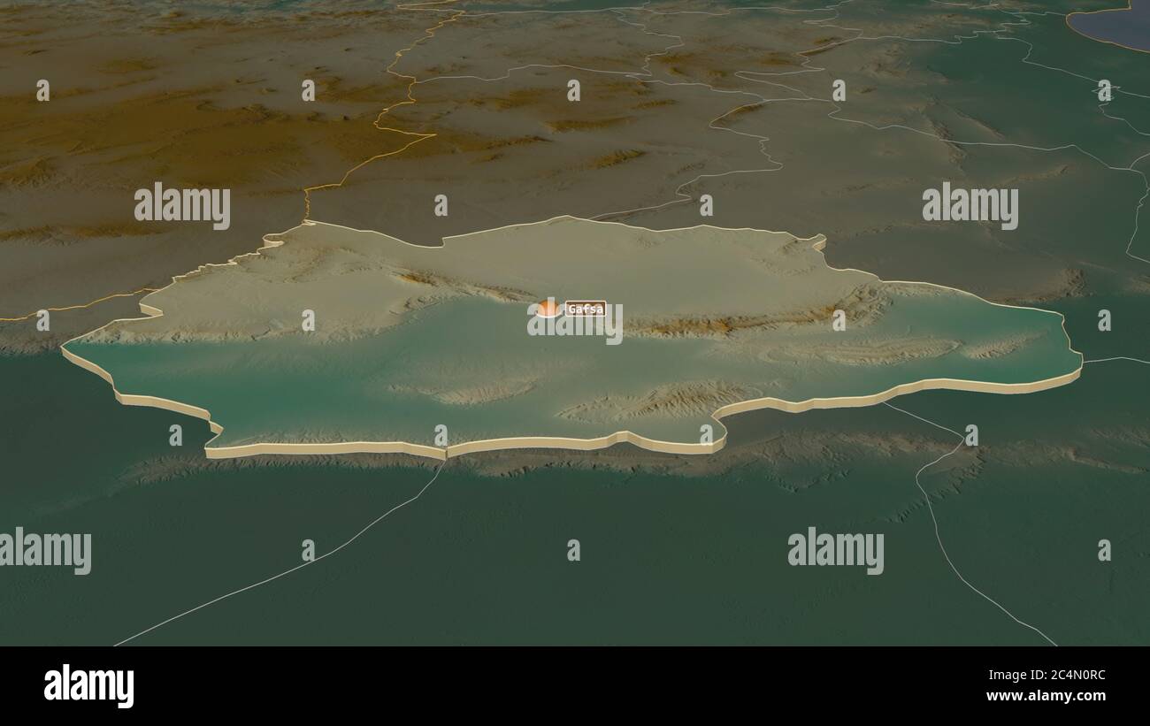 Zoom in on Gafsa (governorate of Tunisia) extruded. Oblique perspective ...