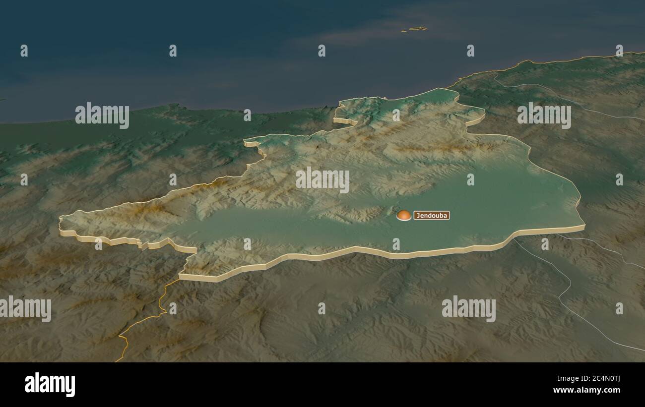 Zoom in on Jendouba (governorate of Tunisia) extruded. Oblique ...