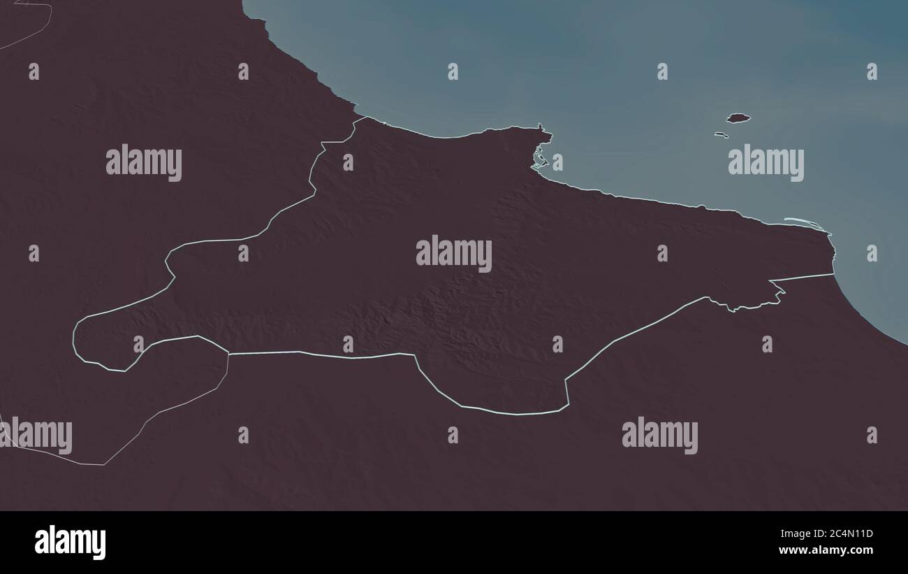 Zoom in on Monastir (governorate of Tunisia) outlined. Oblique ...