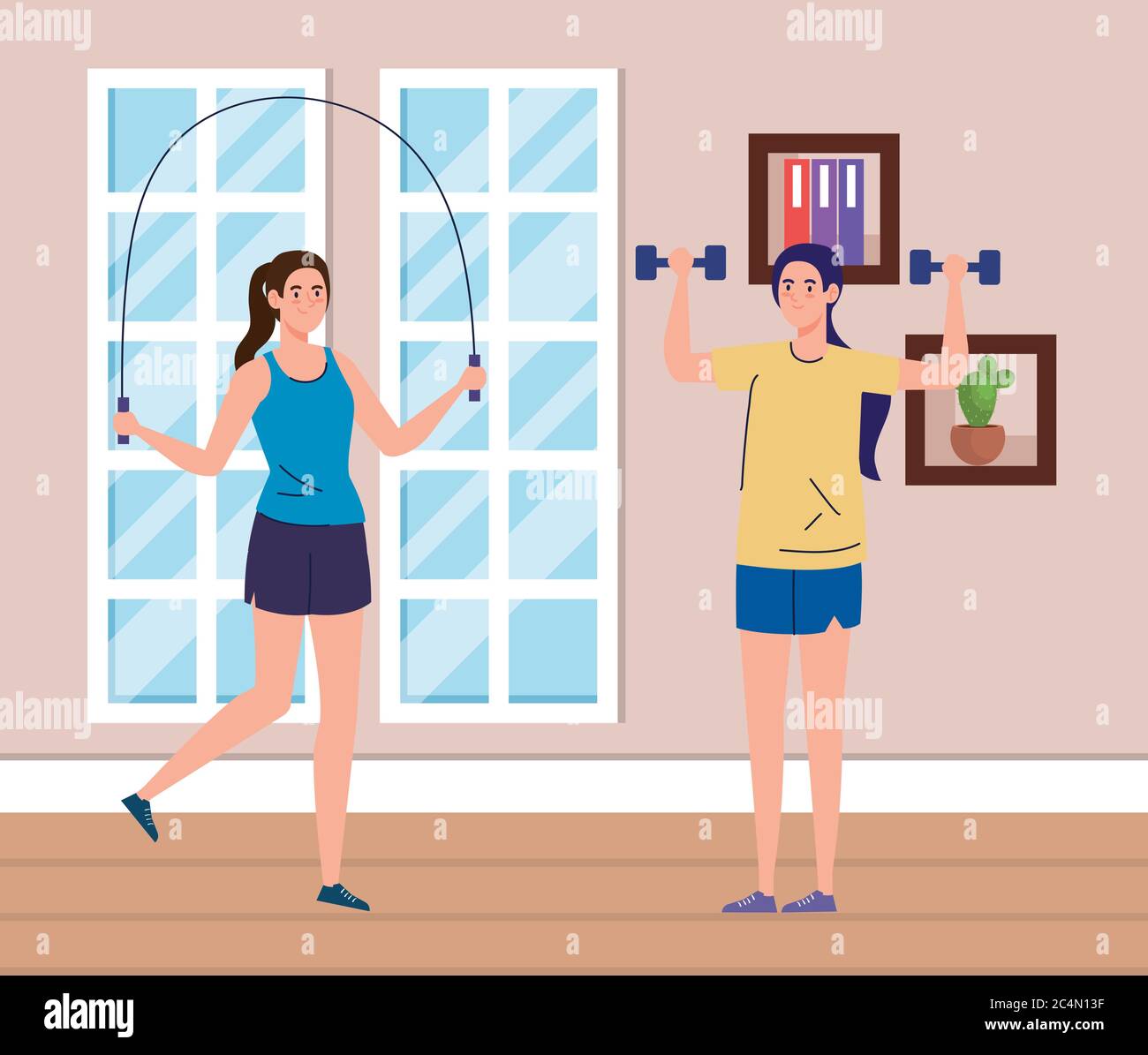 exercise at home, women lifting weights and jumping rope, using the ...