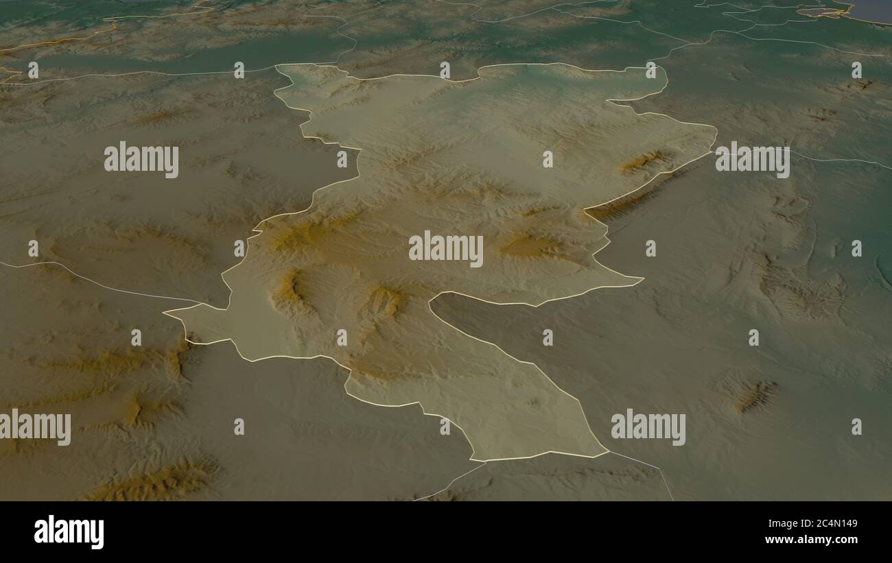 Zoom in on Siliana (governorate of Tunisia) outlined. Oblique perspective. Topographic relief ...