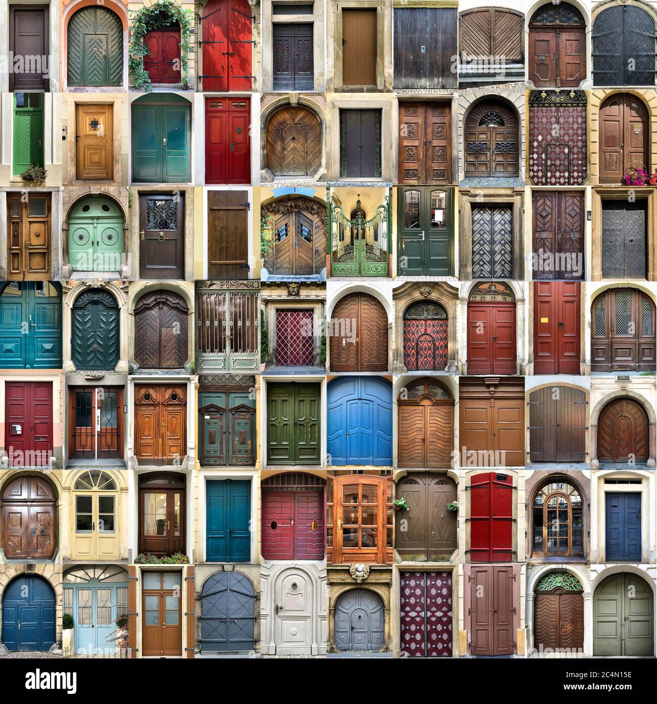 Set of different vintage entrance doors made from wood or metal ...