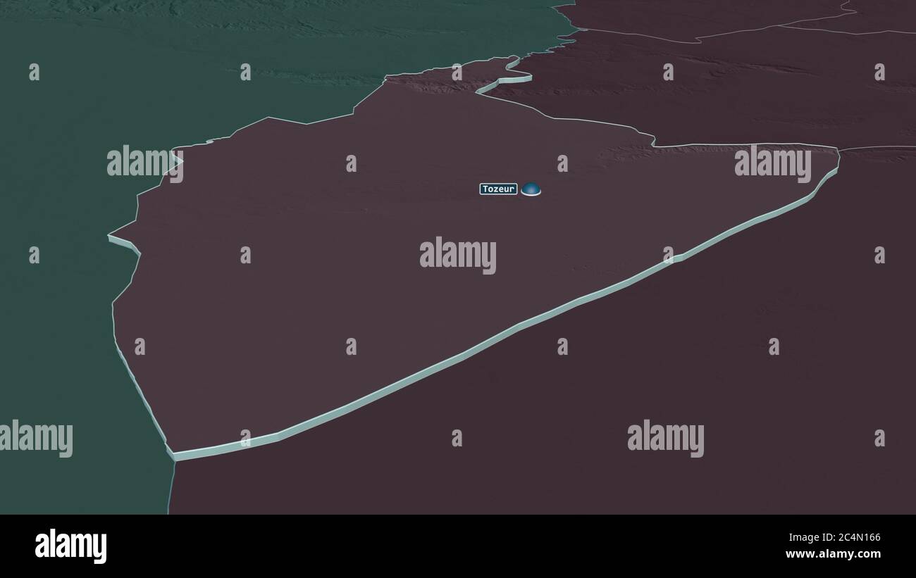 Zoom in on Tozeur (governorate of Tunisia) extruded. Oblique ...
