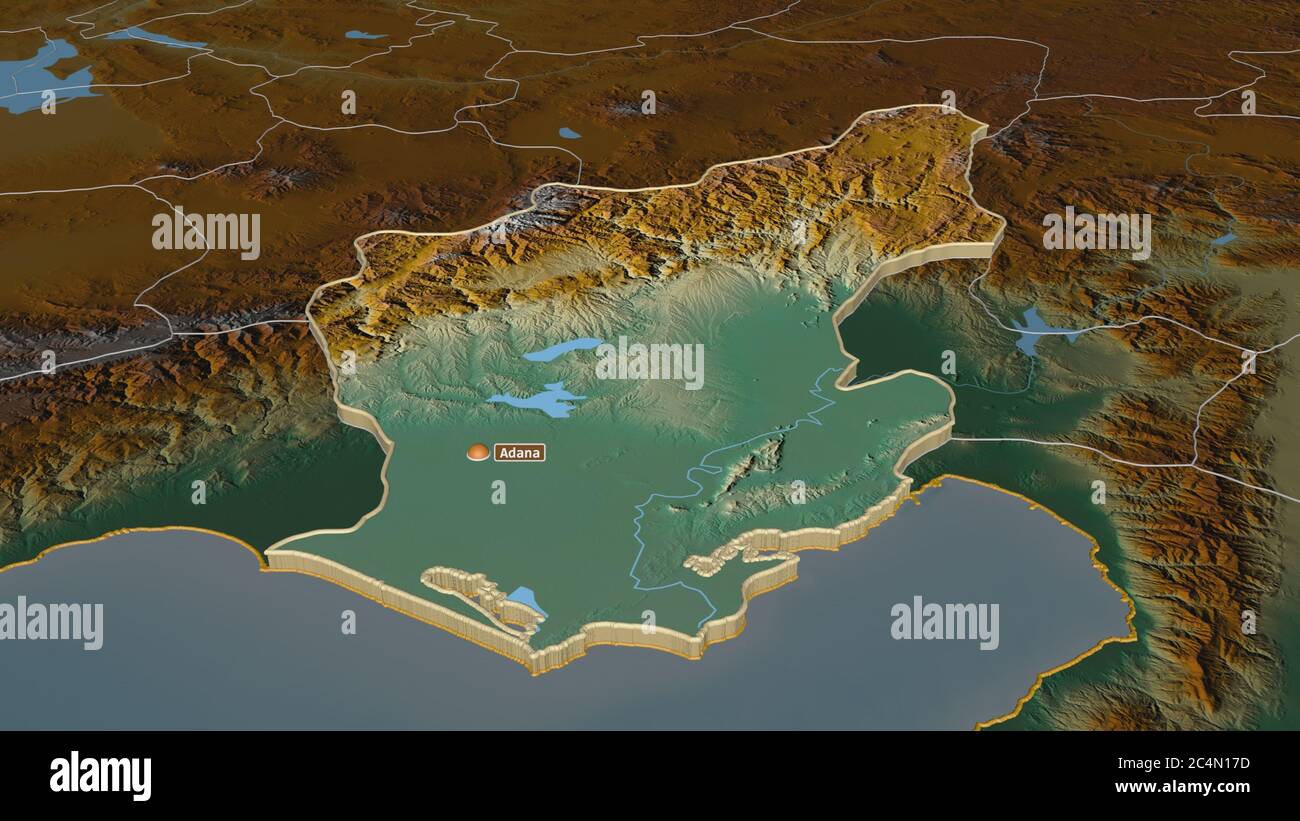 Zoom in on Adana (province of Turkey) extruded. Oblique perspective ...
