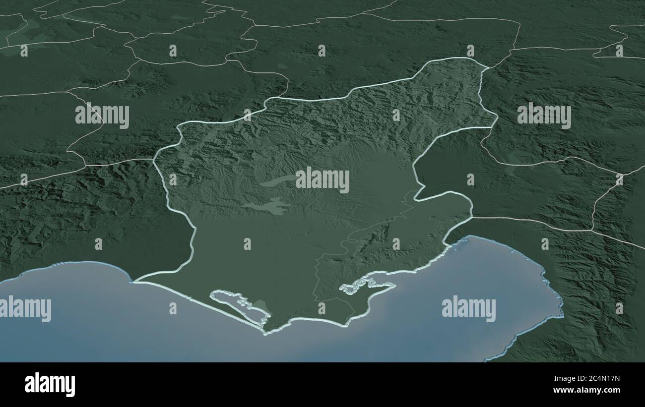 Zoom in on Adana (province of Turkey) outlined. Oblique perspective ...