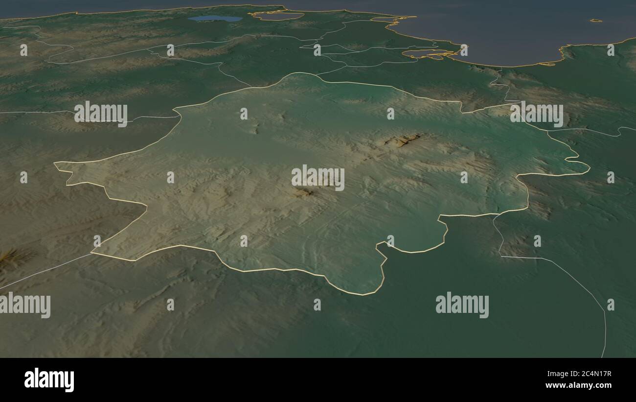 Zoom in on Zaghouan (governorate of Tunisia) outlined. Oblique ...
