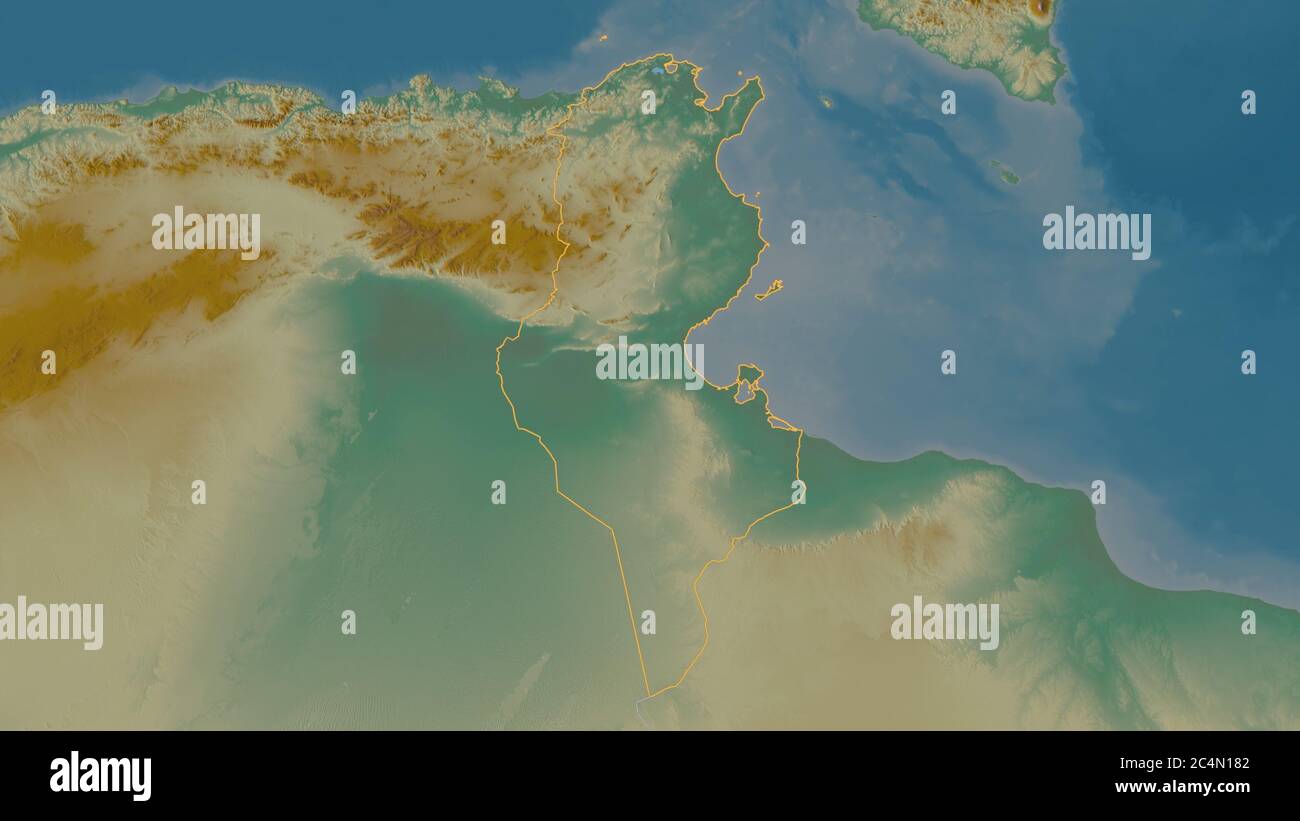 Outlined shape of the Tunisia area. Topographic relief map with surface waters. 3D rendering ...