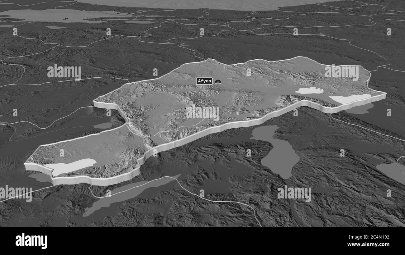 Zoom in on Afyon (province of Turkey) extruded. Oblique perspective ...