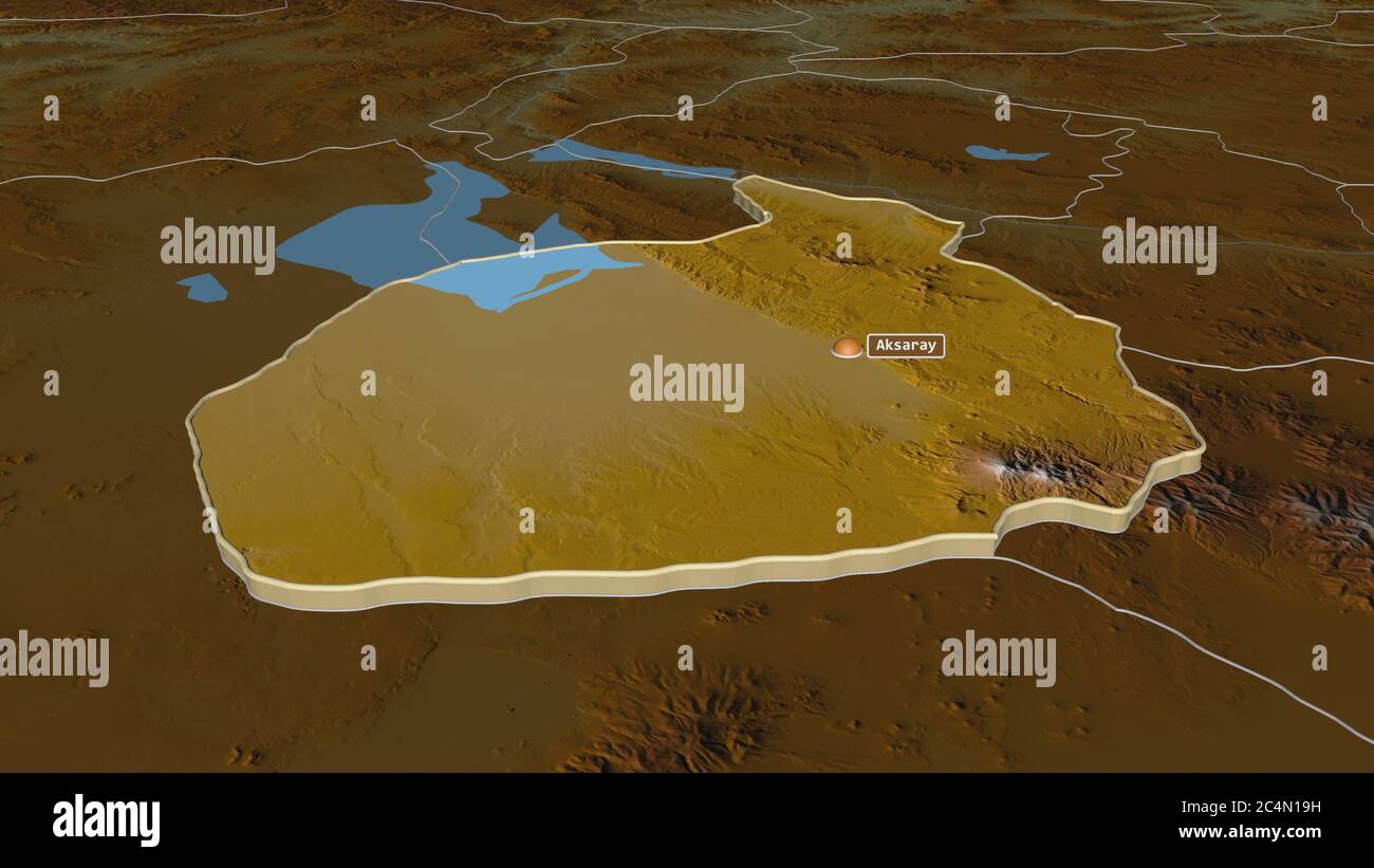 Zoom in on Aksaray (province of Turkey) extruded. Oblique perspective ...