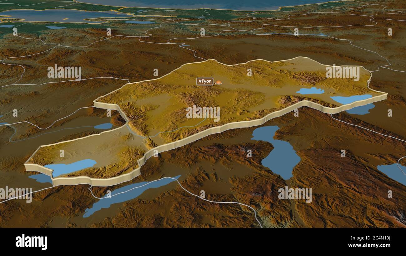 Zoom in on Afyon (province of Turkey) extruded. Oblique perspective ...