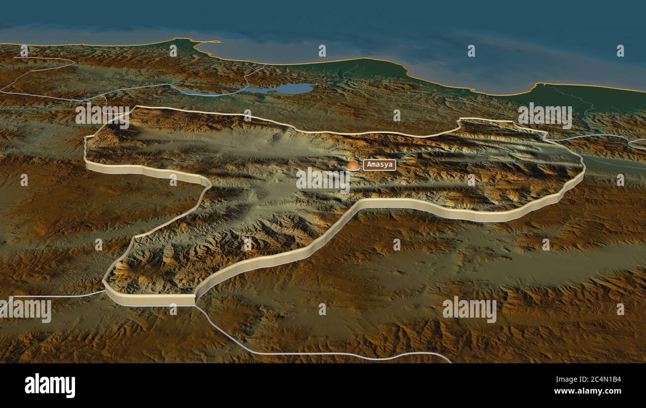 Zoom in on Amasya (province of Turkey) extruded. Oblique perspective ...
