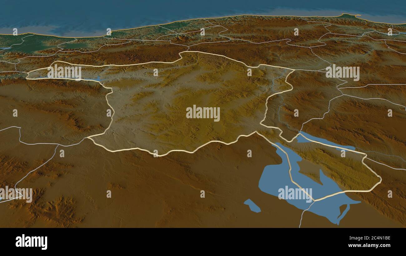 Zoom in on Ankara (province of Turkey) outlined. Oblique perspective ...