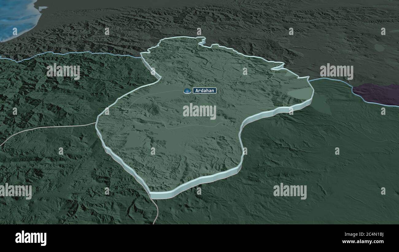 Zoom in on Ardahan (province of Turkey) extruded. Oblique perspective ...