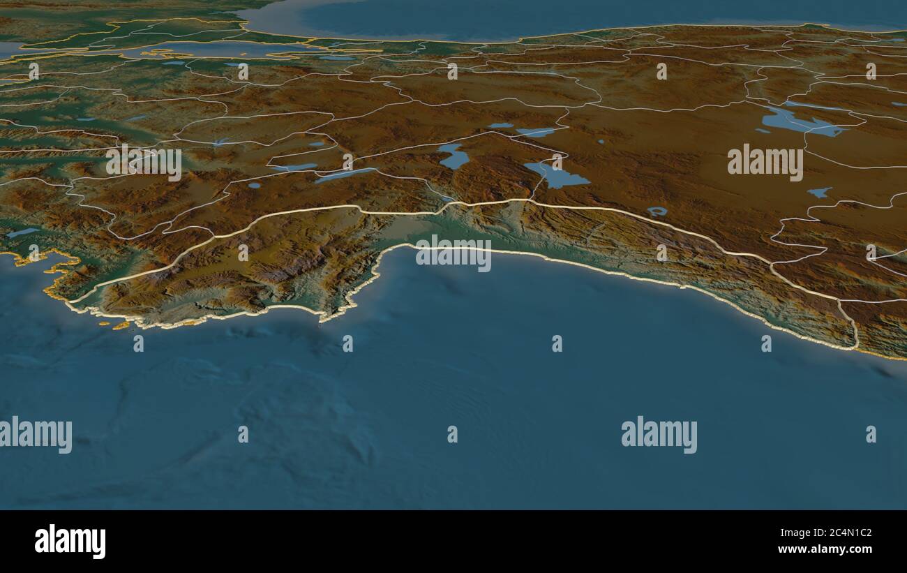 Zoom in on Antalya (province of Turkey) outlined. Oblique perspective. Topographic relief map ...