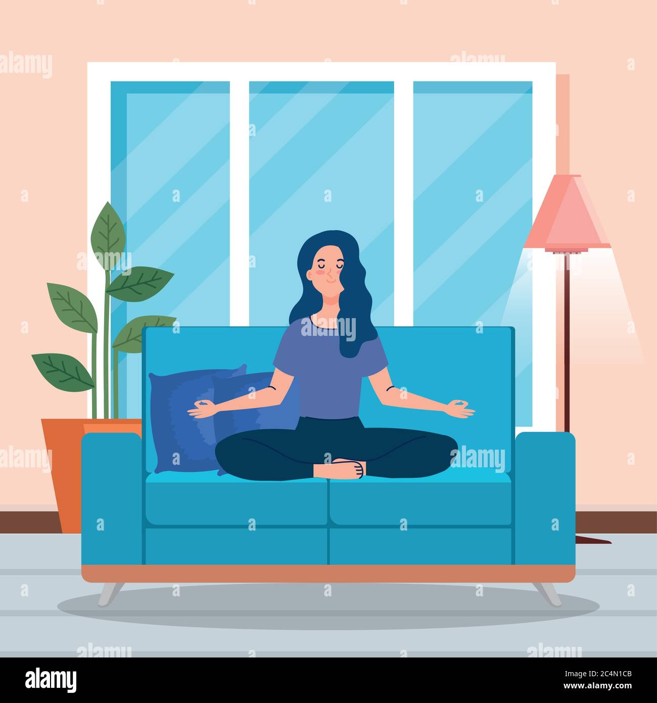 stay home, be safe, woman meditating in the living room, sitting in ...
