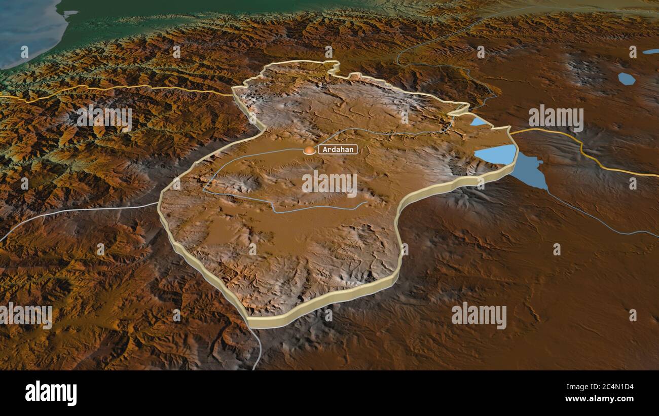 Zoom in on Ardahan (province of Turkey) extruded. Oblique perspective ...