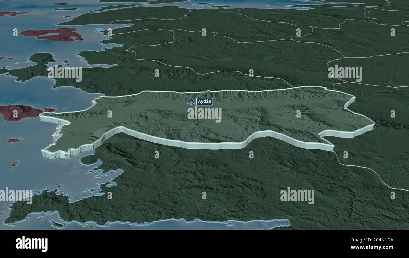 Zoom in on Aydin (province of Turkey) extruded. Oblique perspective ...