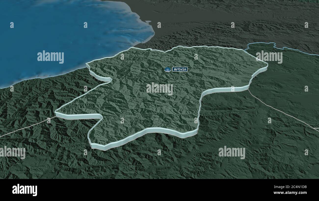 Zoom in on Artvin (province of Turkey) extruded. Oblique perspective ...