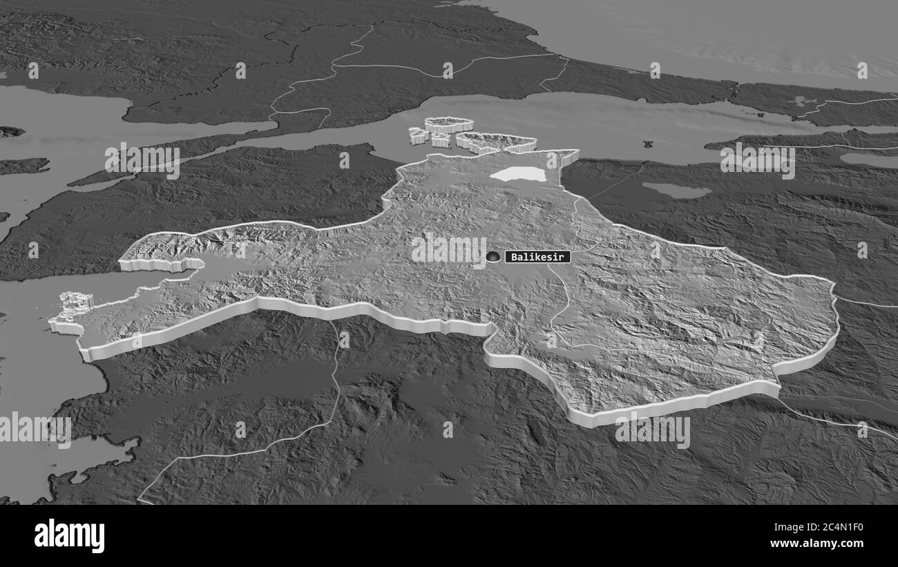 Zoom in on Balikesir (province of Turkey) extruded. Oblique perspective ...