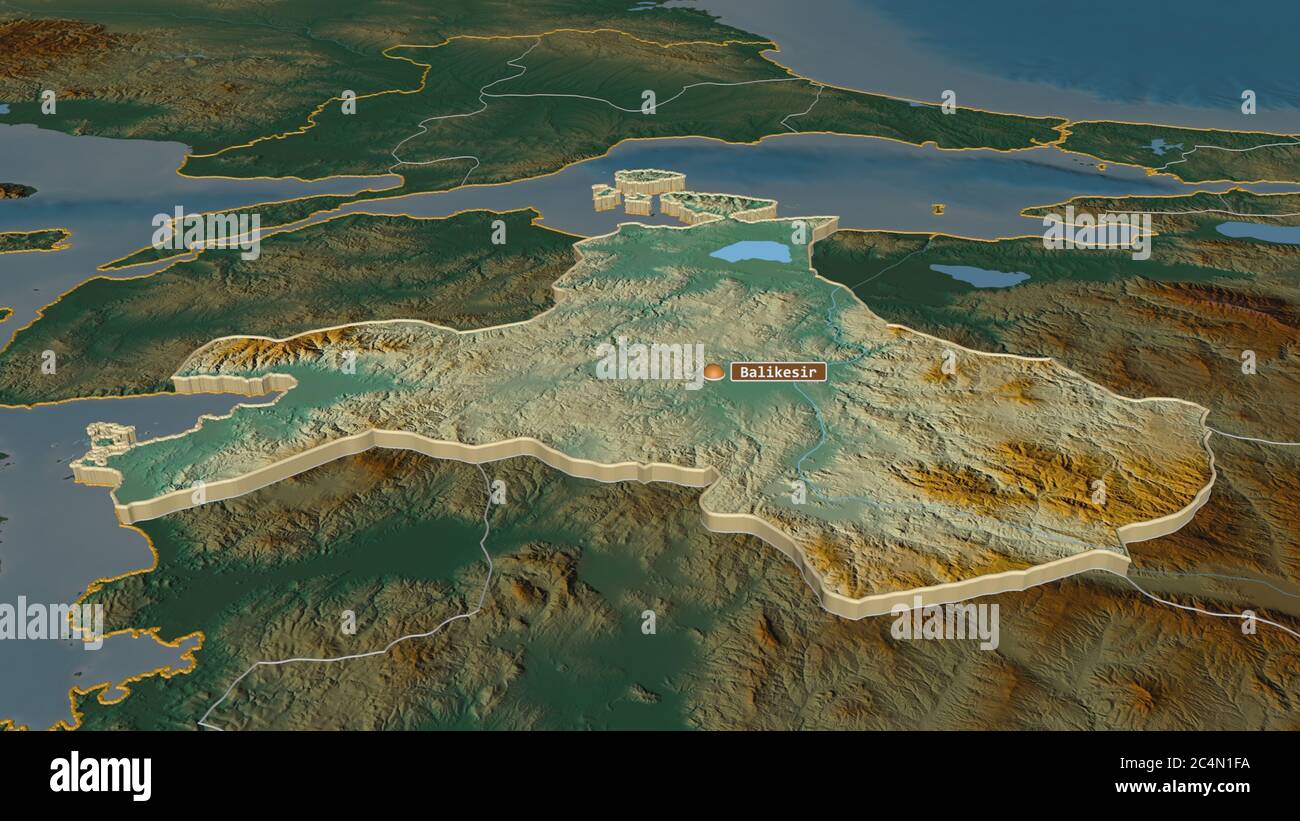 Zoom in on Balikesir (province of Turkey) extruded. Oblique perspective ...