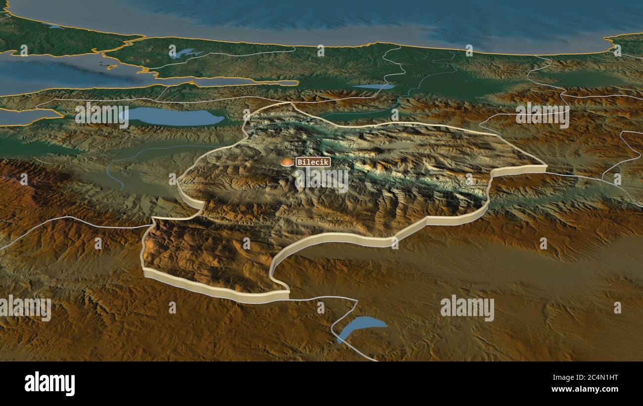 Zoom in on Bilecik (province of Turkey) extruded. Oblique perspective ...