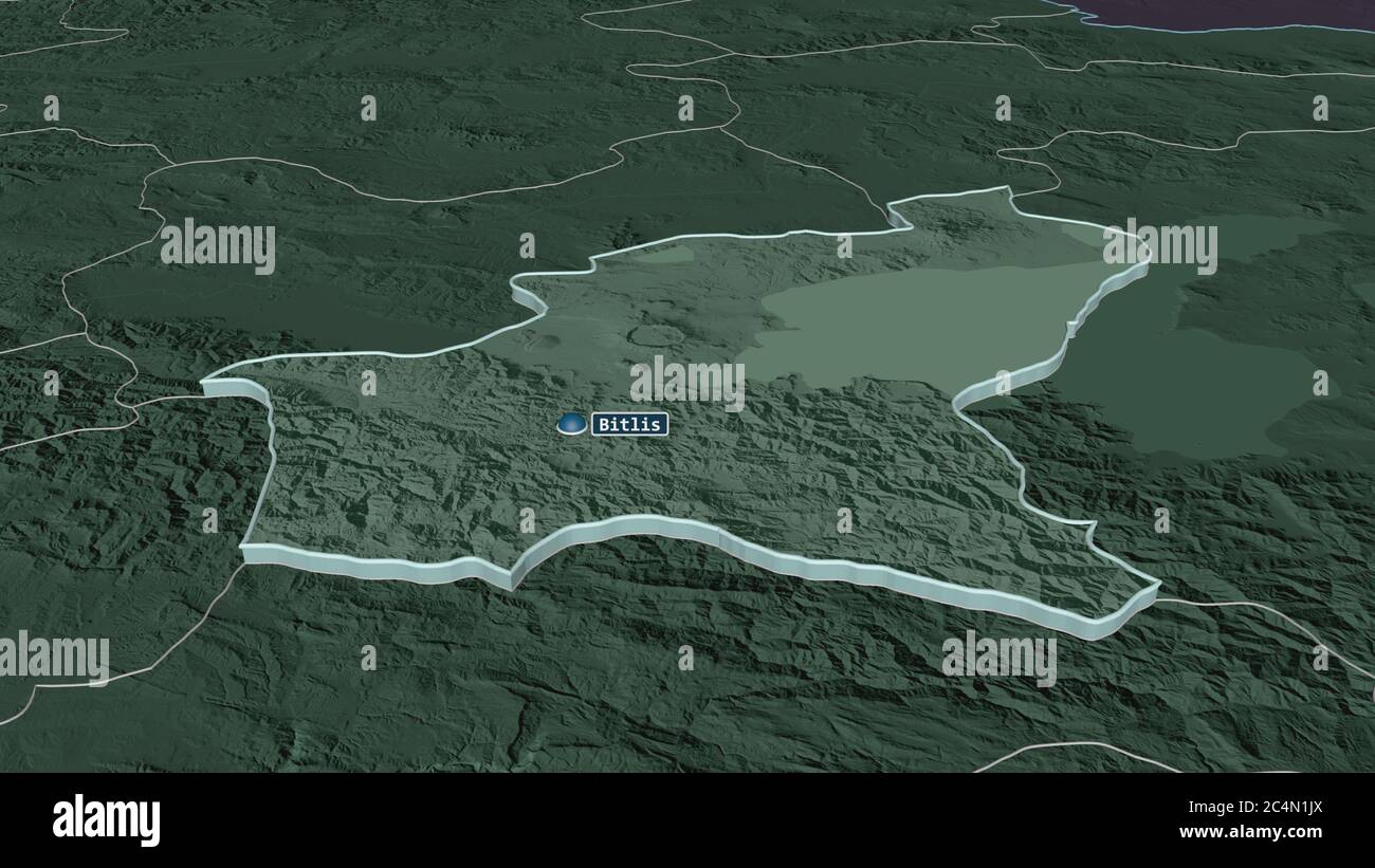Zoom in on Bitlis (province of Turkey) extruded. Oblique perspective ...