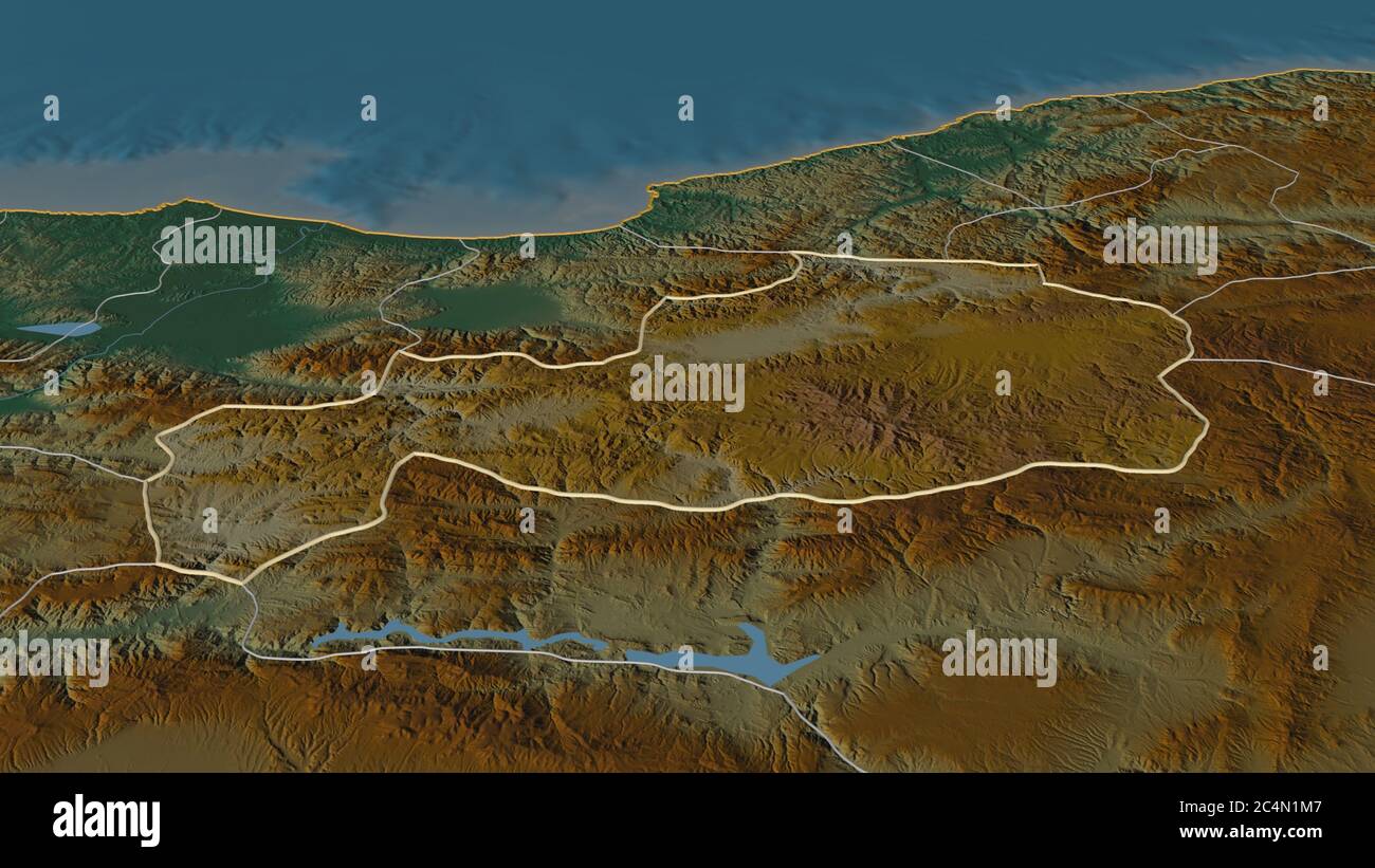 Zoom in on Bolu (province of Turkey) outlined. Oblique perspective ...
