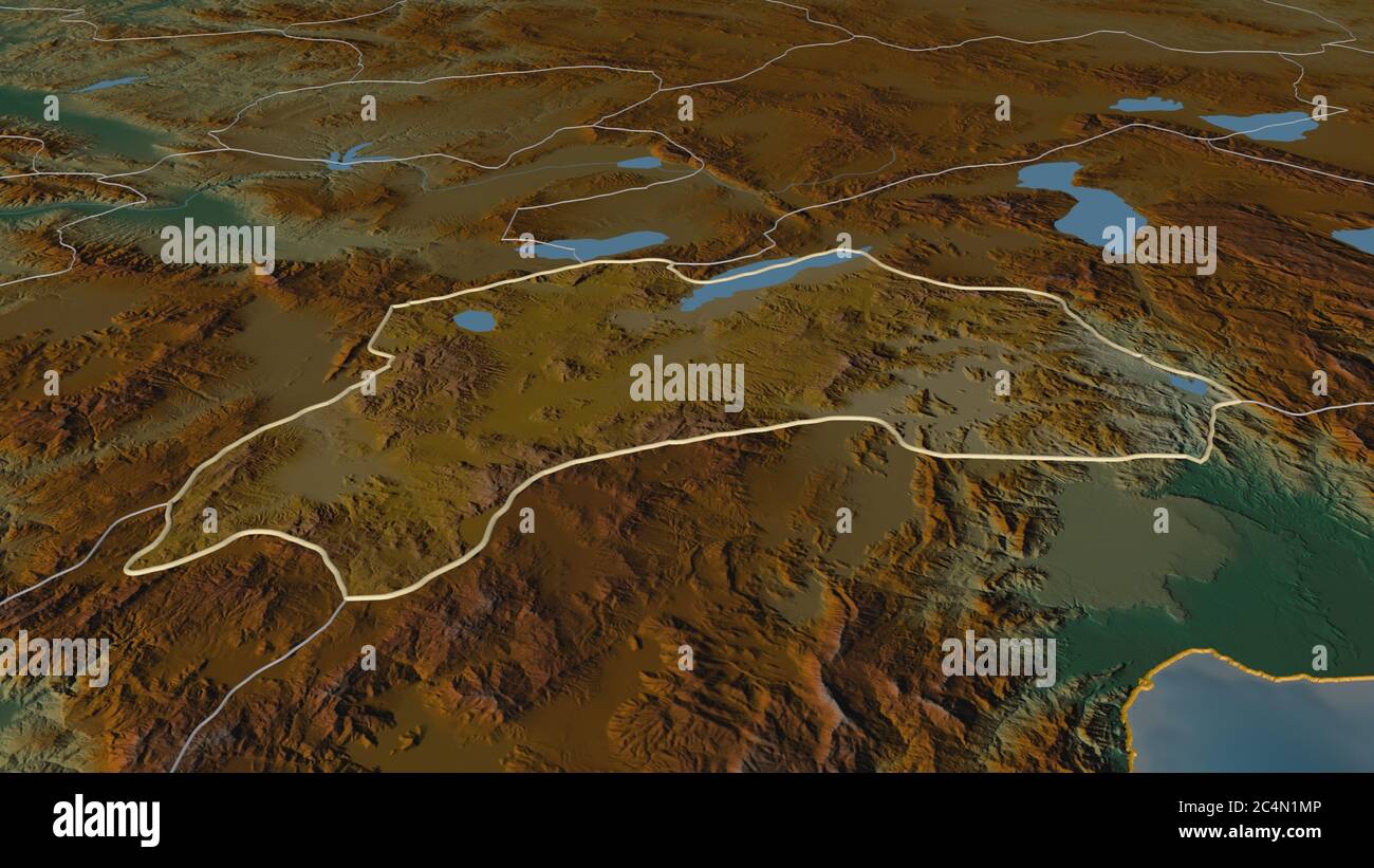 Zoom in on Burdur (province of Turkey) outlined. Oblique perspective ...