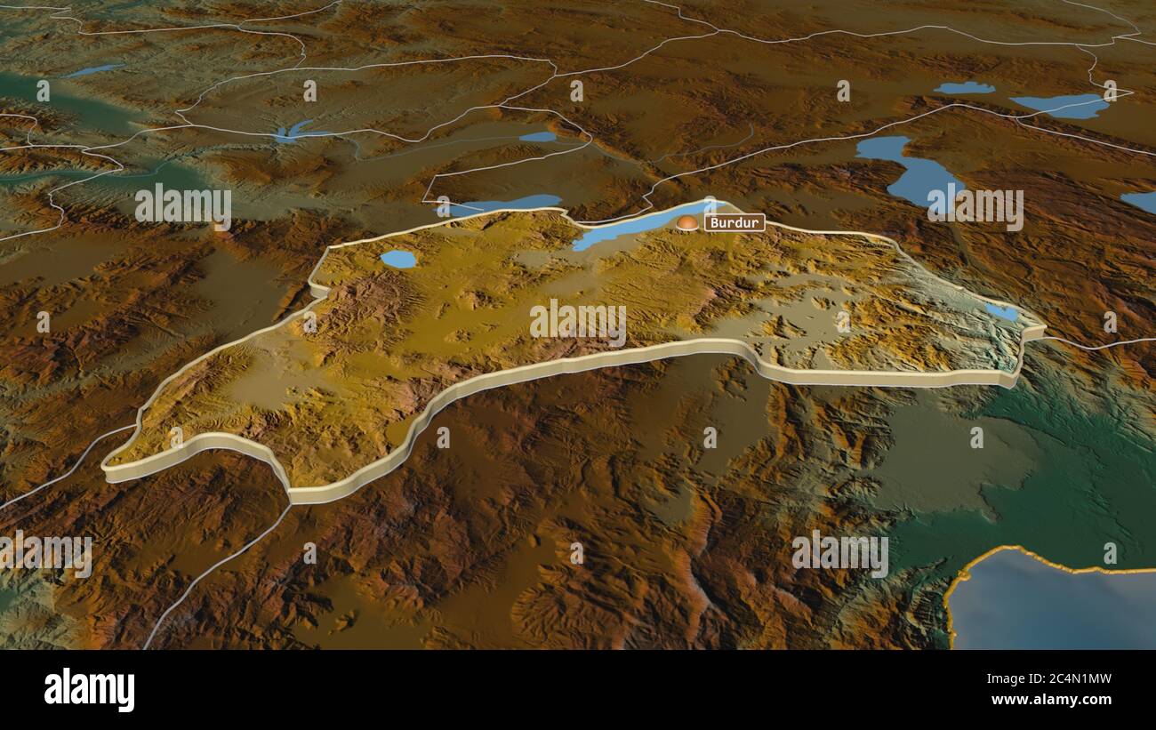 Zoom in on Burdur (province of Turkey) extruded. Oblique perspective ...