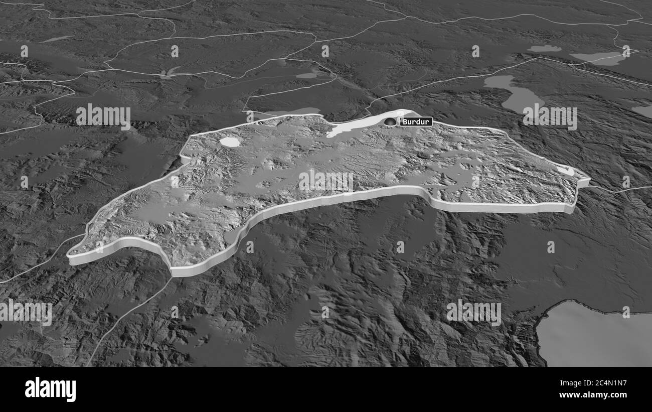 Zoom in on Burdur (province of Turkey) extruded. Oblique perspective ...