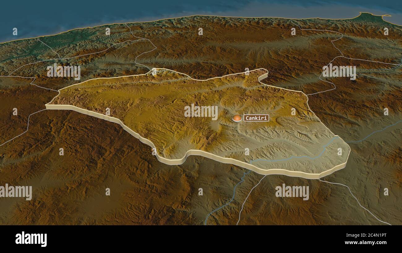 Zoom in on Çankiri (province of Turkey) extruded. Oblique perspective ...