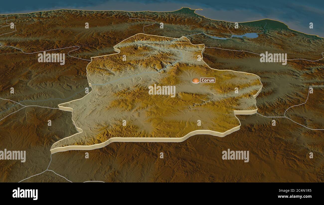 Zoom in on Çorum (province of Turkey) extruded. Oblique perspective ...