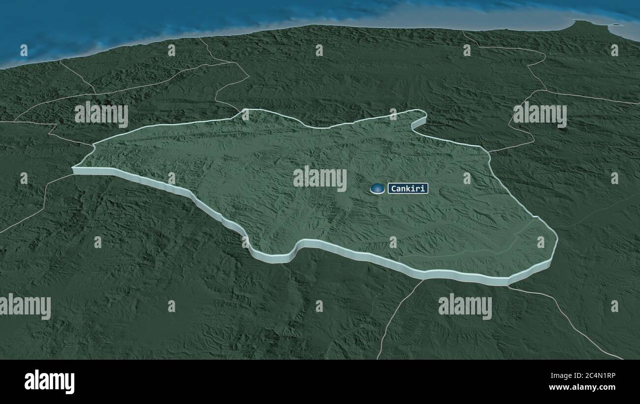 Zoom in on Çankiri (province of Turkey) extruded. Oblique perspective ...
