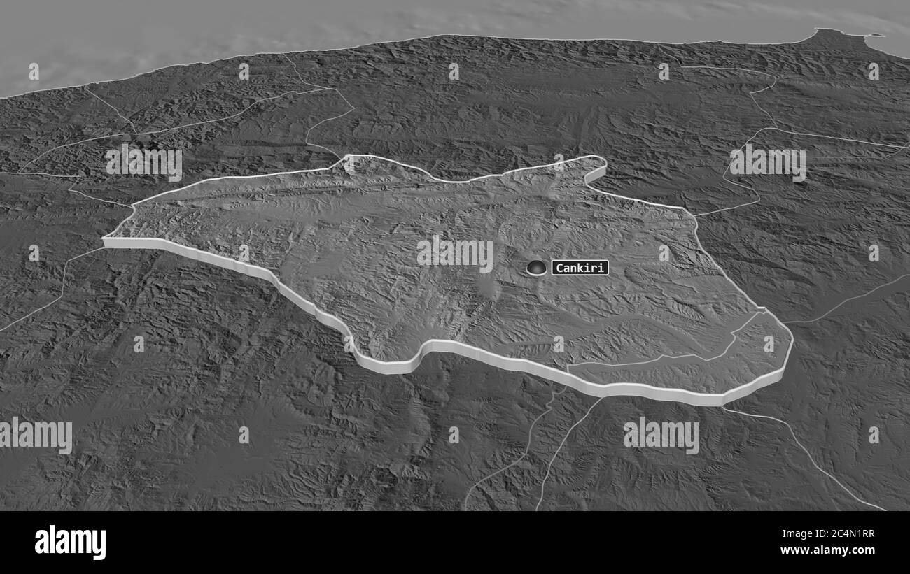 Zoom in on Çankiri (province of Turkey) extruded. Oblique perspective ...