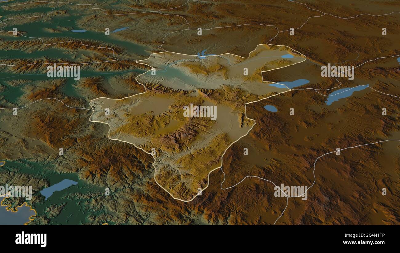 Zoom in on Denizli (province of Turkey) outlined. Oblique perspective ...