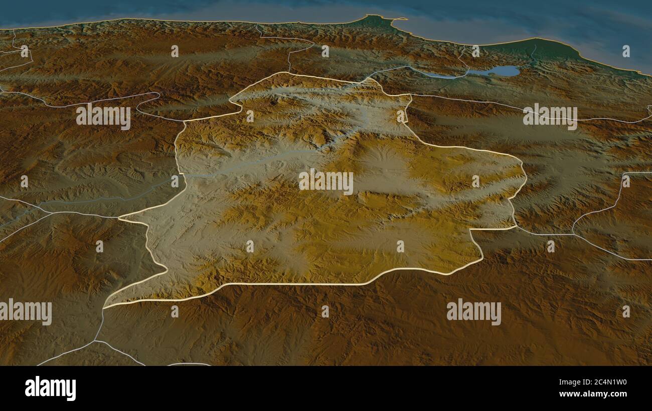 Zoom in on Çorum (province of Turkey) outlined. Oblique perspective ...