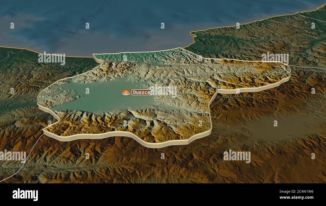 Zoom in on Düzce (province of Turkey) extruded. Oblique perspective ...