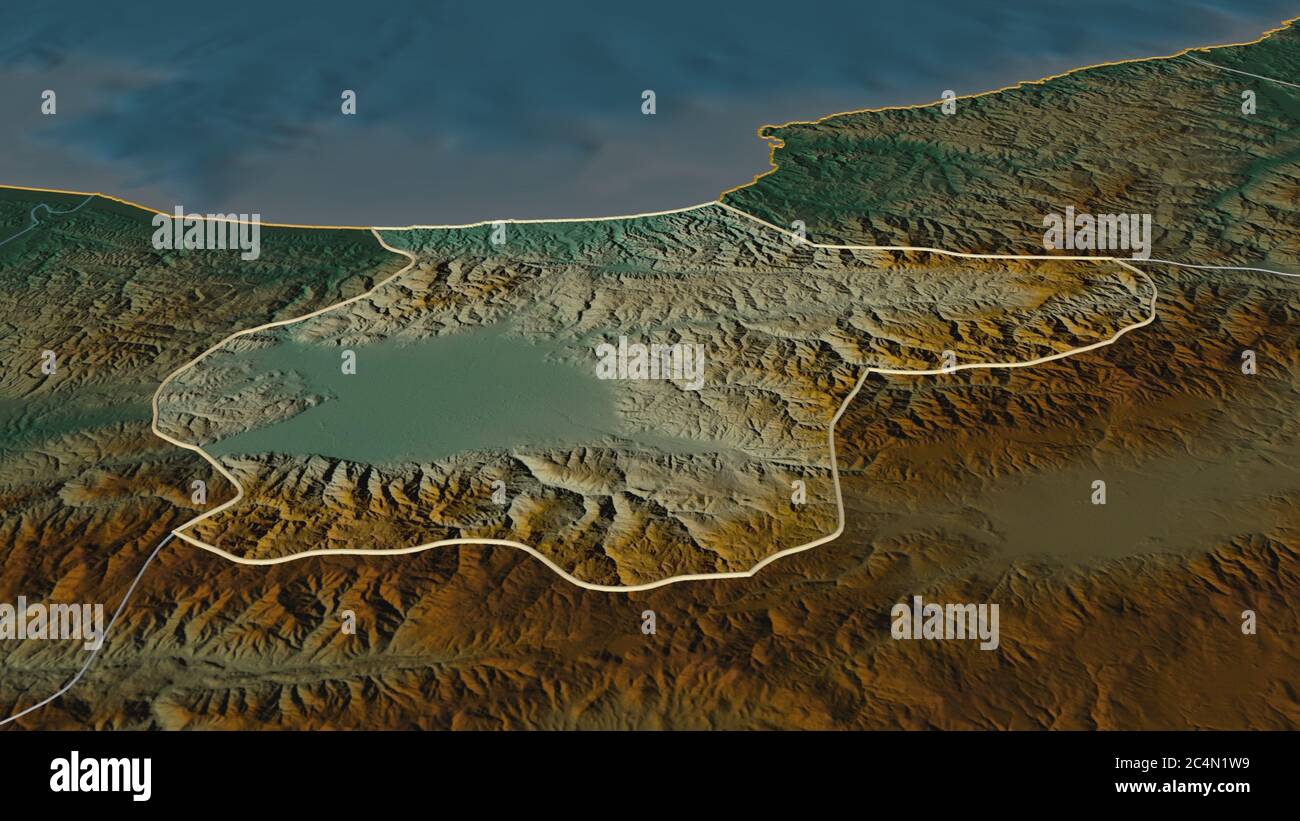 Zoom in on Düzce (province of Turkey) outlined. Oblique perspective ...