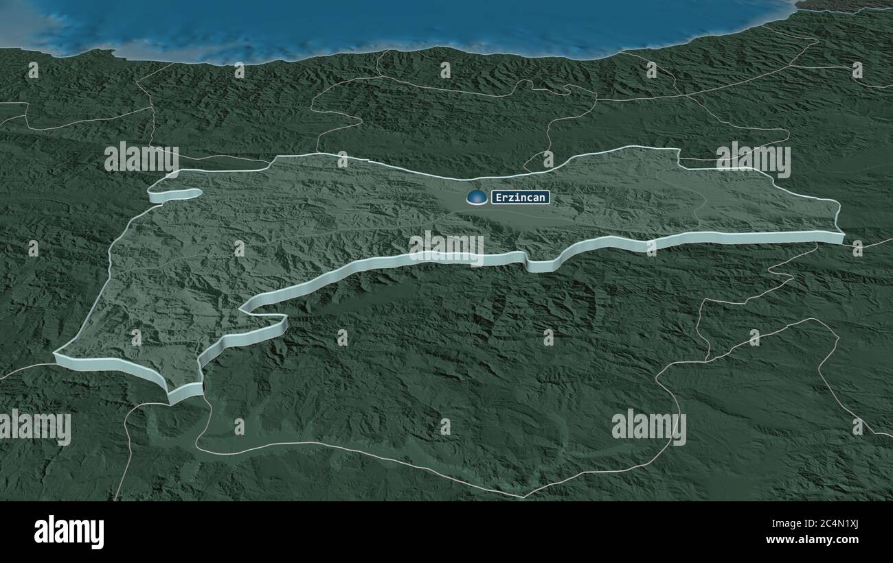 Zoom in on Erzincan (province of Turkey) extruded. Oblique perspective ...
