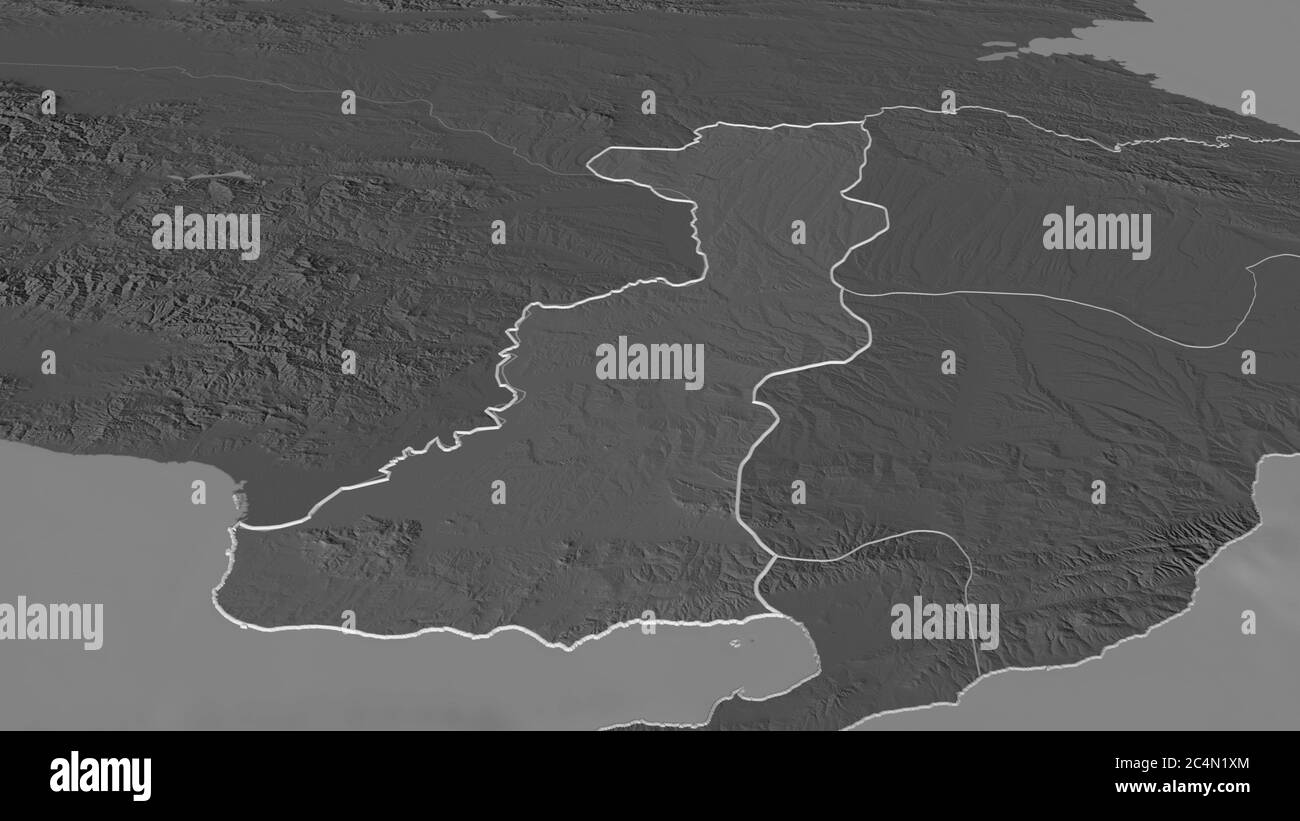 Zoom in on Edirne (province of Turkey) outlined. Oblique perspective ...