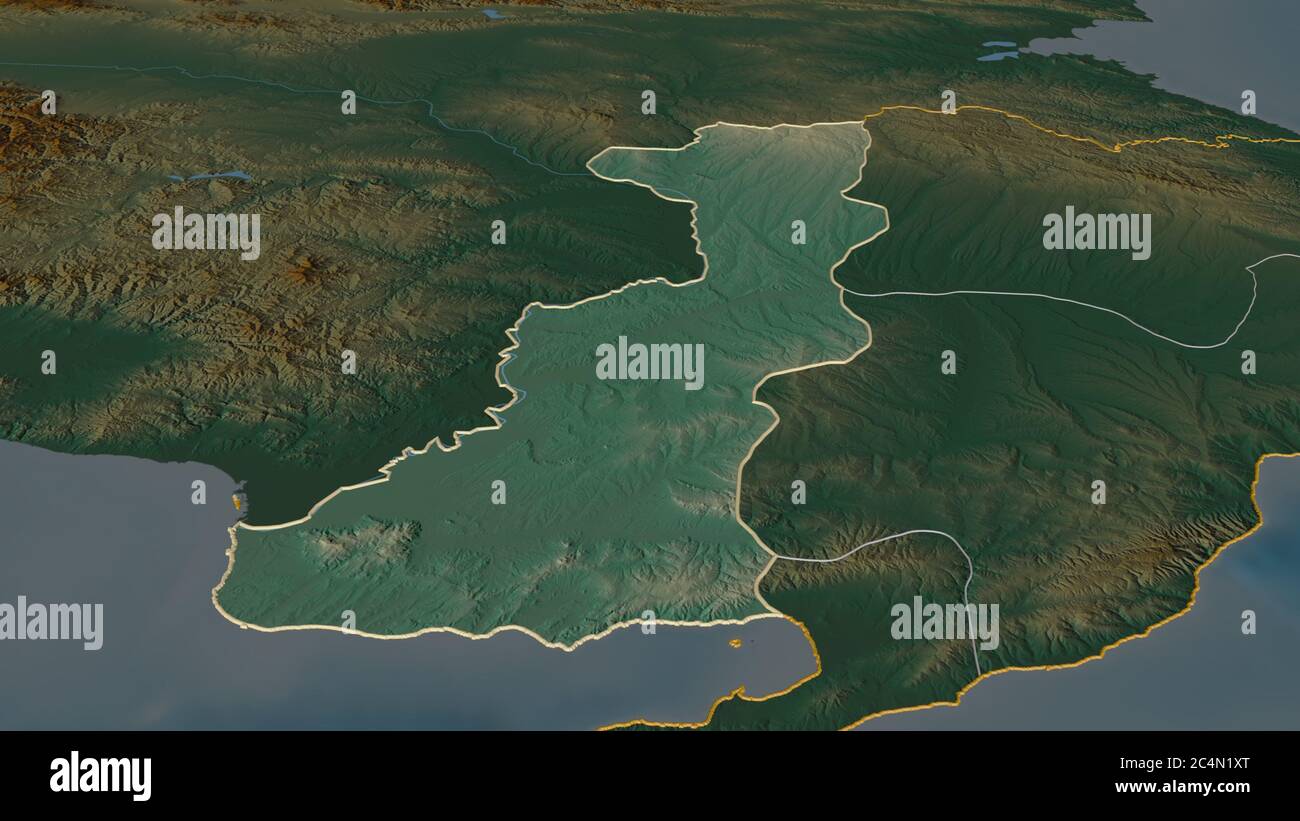 Zoom in on Edirne (province of Turkey) outlined. Oblique perspective ...