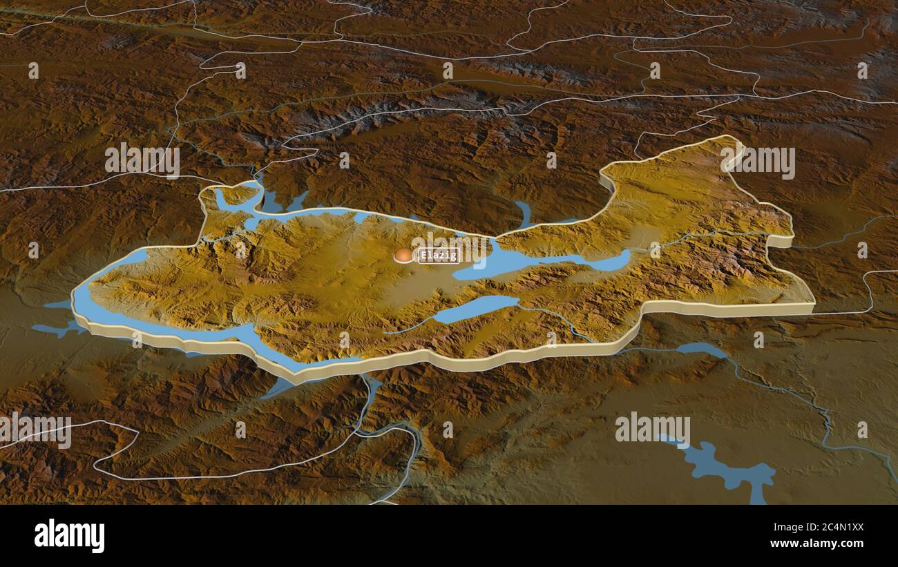 Zoom in on Elazığ (province of Turkey) extruded. Oblique perspective ...