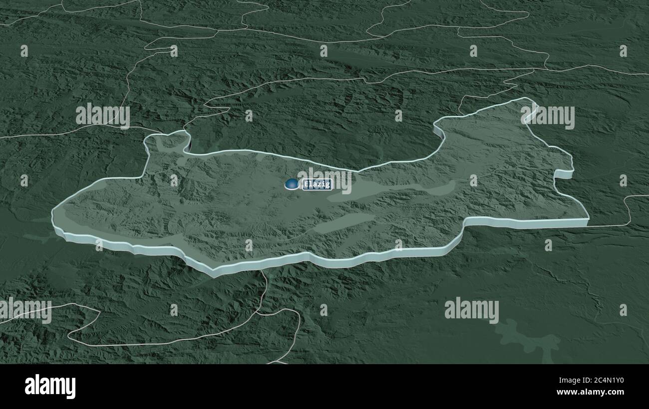 Zoom in on Elazığ (province of Turkey) extruded. Oblique perspective ...
