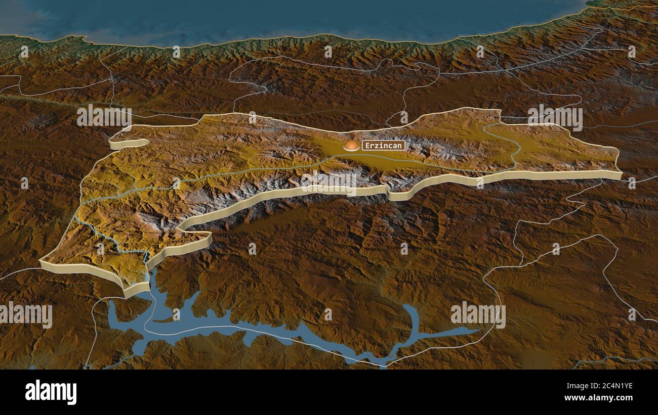 Zoom in on Erzincan (province of Turkey) extruded. Oblique perspective ...