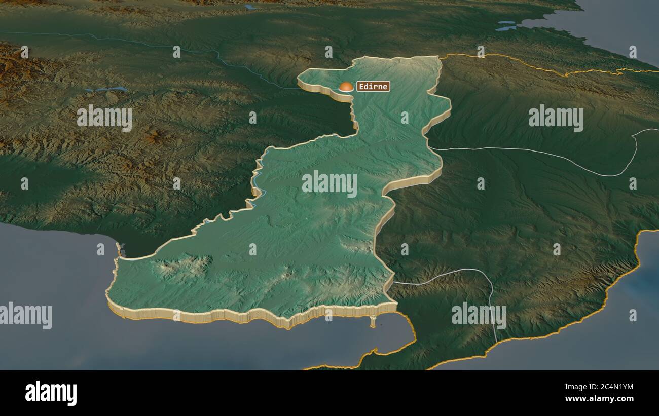 Zoom in on Edirne (province of Turkey) extruded. Oblique perspective ...