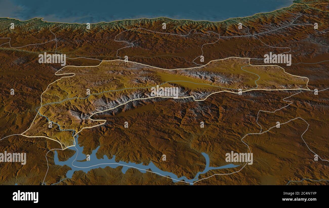 Zoom in on Erzincan (province of Turkey) outlined. Oblique perspective ...