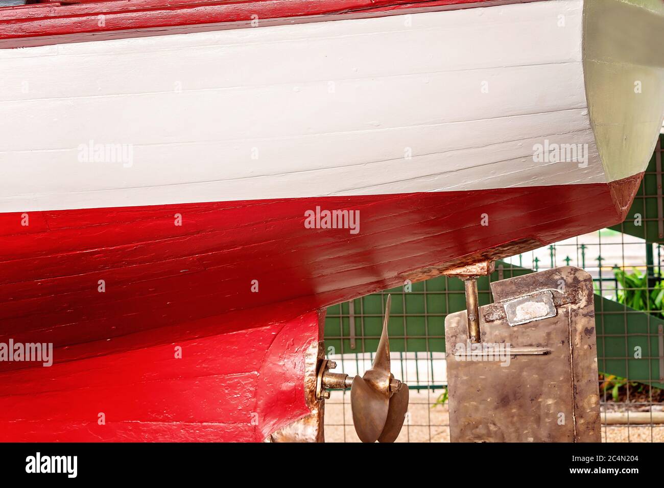 A boat rudder and propeller in closeup at a maritime museum Stock Photo ...